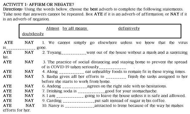 activity 1 affirm or negate directions using the words below choose the ...