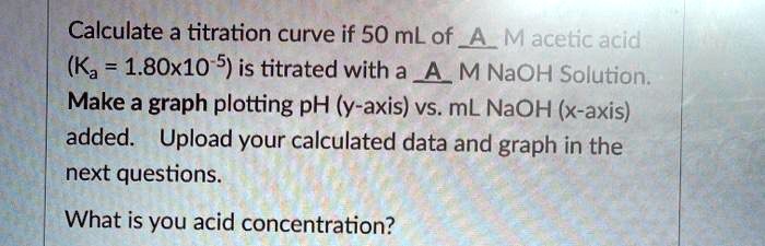 SOLVED: Calculate a titration curve if 50 mL of A M acetic acid (Ka 1.80x10^5) is titrated with ...