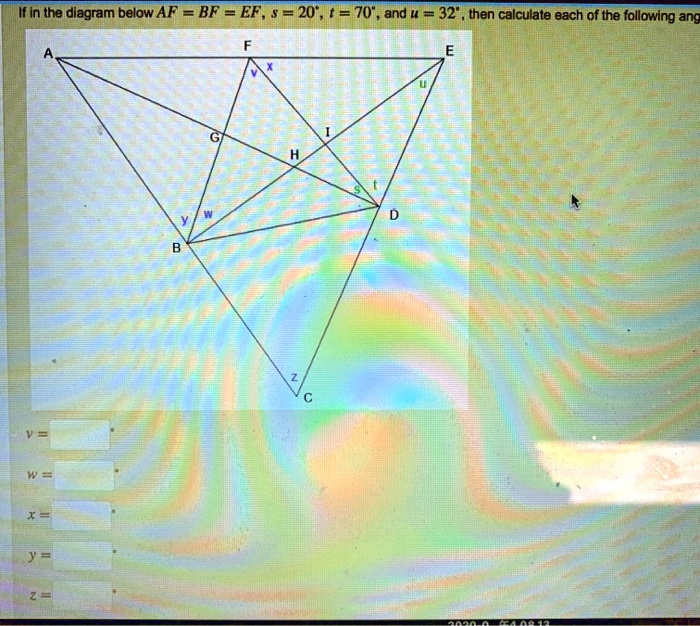 SOLVED: If In the diagram below AF = BF = EF , = 20 t =70" and u = 32 ...