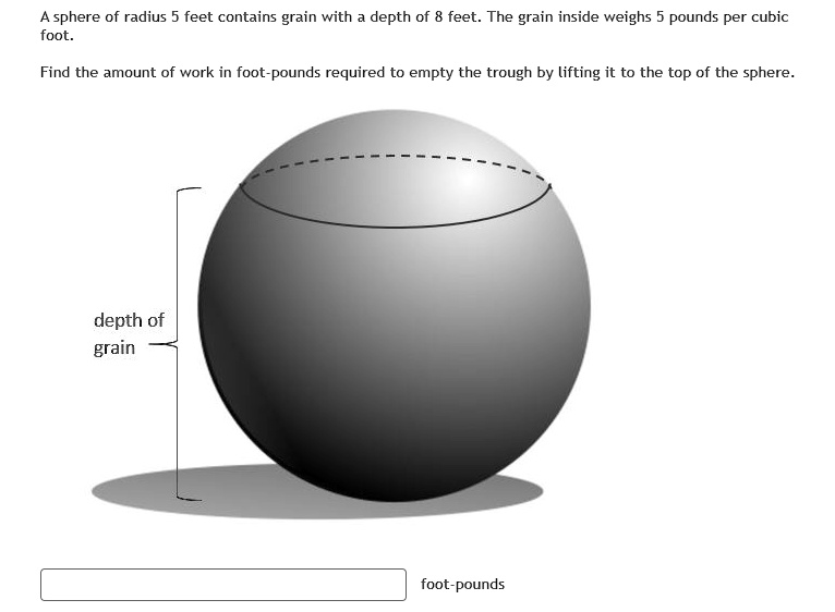 A sphere of radius 5 feet contains grain with a depth of 8 feet. The ...