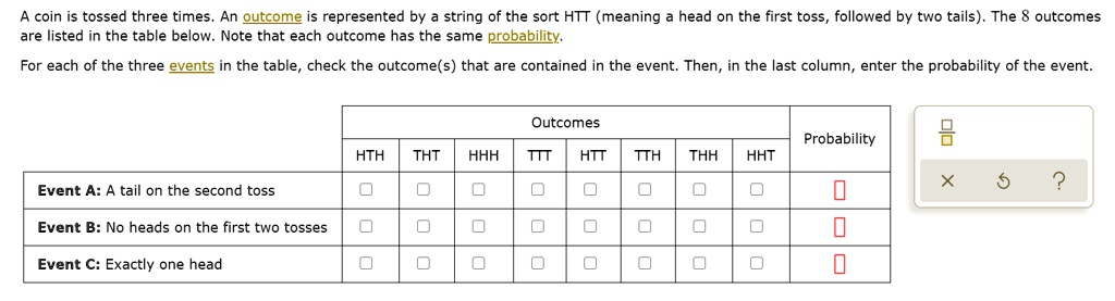 coin is tossed three times an outcome is represented by string of the sort htt meaning head on ...