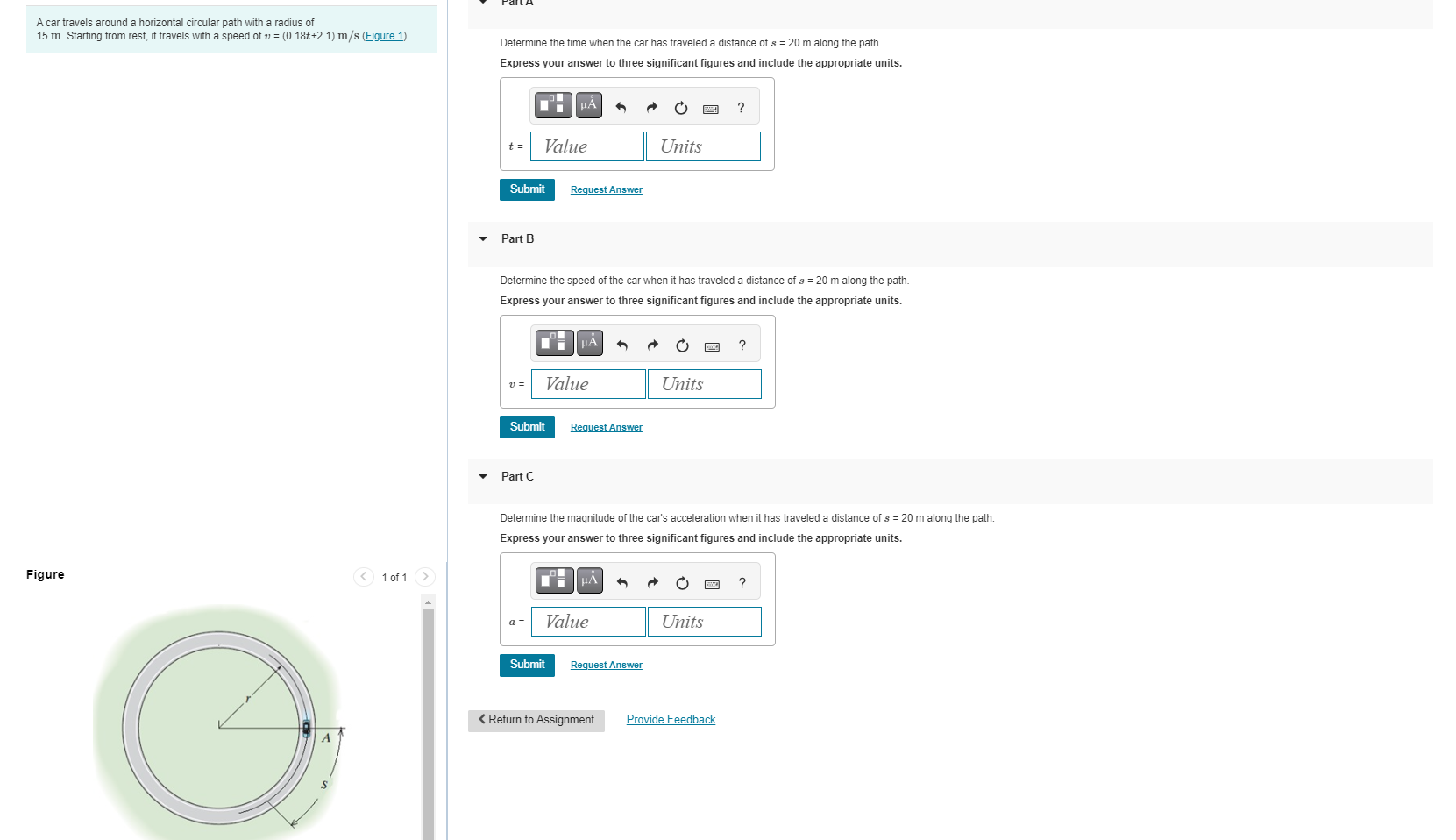 SOLVED: A car travels around a horizontal circular path with a radius ...