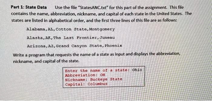 Part 1: State Data Use the file "StatesANC.txt" for this part of the ...