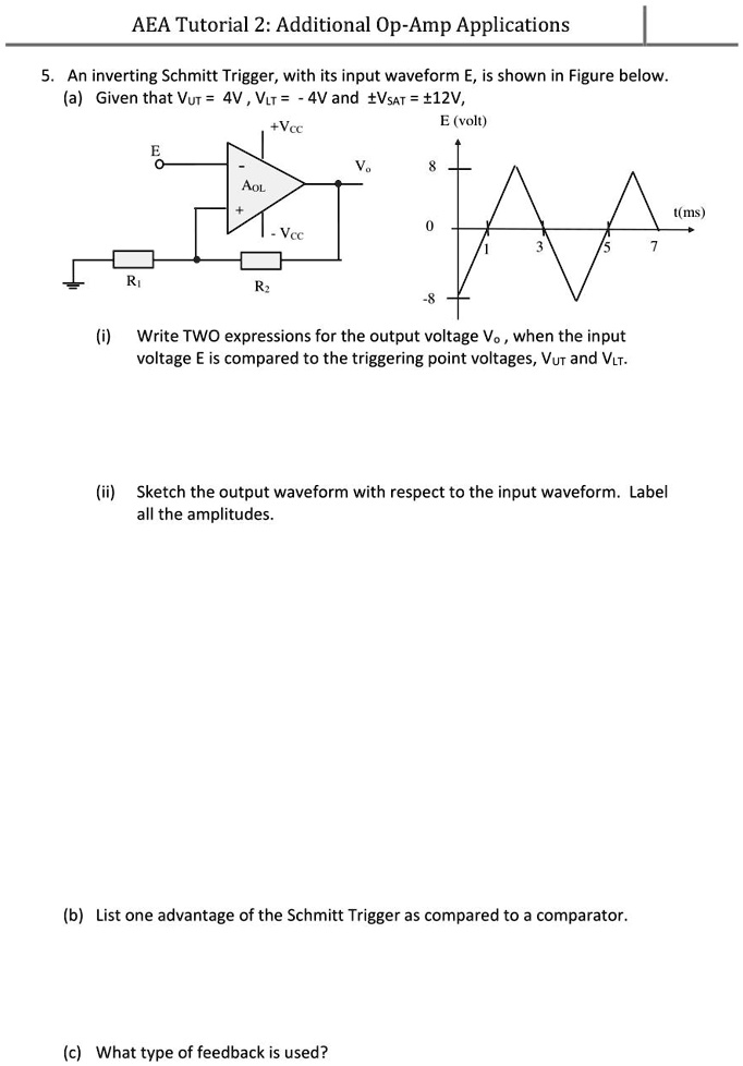 SOLVED: AEA Tutorial 2:Additional Op-Amp Applications 5. An inverting Schmitt Trigger,with its ...