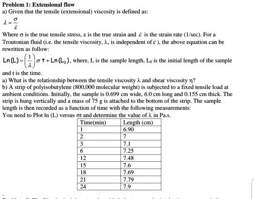 SOLVED: Problem 1: Extensional Flow a) Given that the tensile ...
