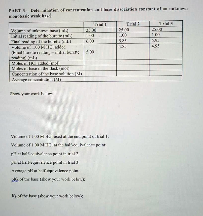 Solved Part 3 Determination Of Concentration And Base Dissociation