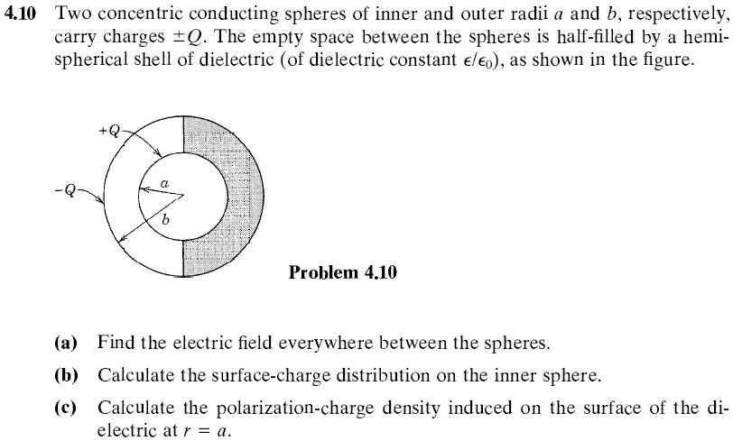 SOLVED:4.10 Two concentric conducting spheres of inner and outer radii a and b, respectively ...