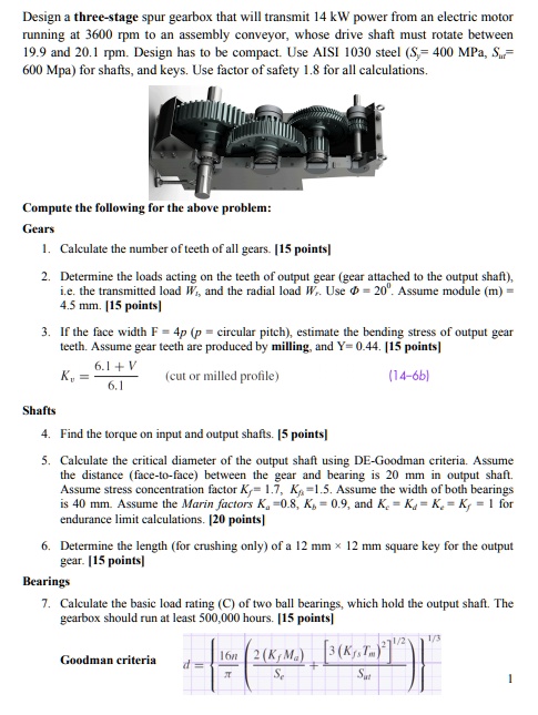 SOLVED: Design a three-stage spur gearbox that will transmit 14 kW power from an electric motor ...