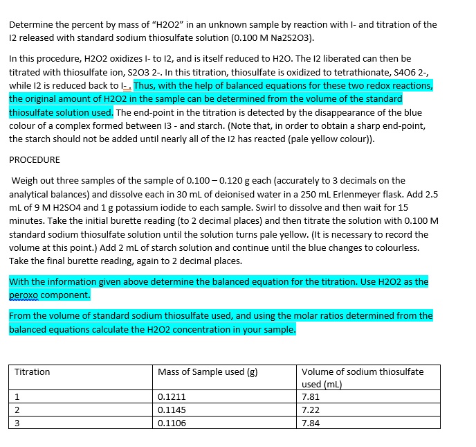 determine the percent by mass of h2o2 in an unknown sample by reaction with and titration of the ...