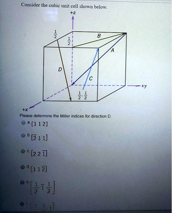 Consider the cubic unit cell shown below. +z (1)/(2) (1)/(2) B A D C +y (1)/(2),(1)/(2) +x ...