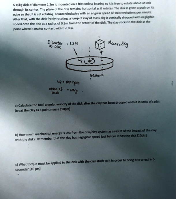 SOLVED: A 10 kg disk of diameter 1.2 m is mounted on a frictionless bearing so it is free to ...