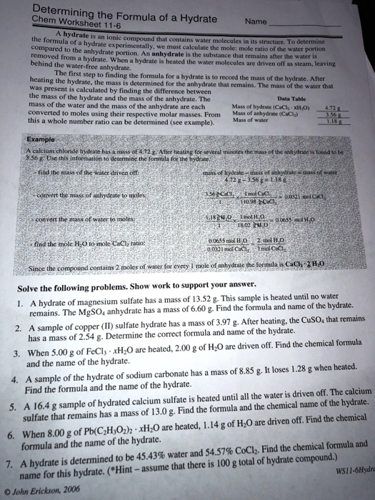 determining chem the formula of a hydrate worksheet name 1 6 hydrate ...