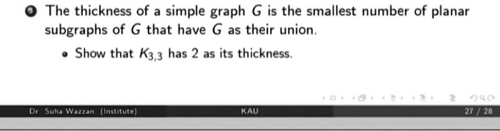 SOLVED: The thickness of a simple graph G is the smallest number of ...