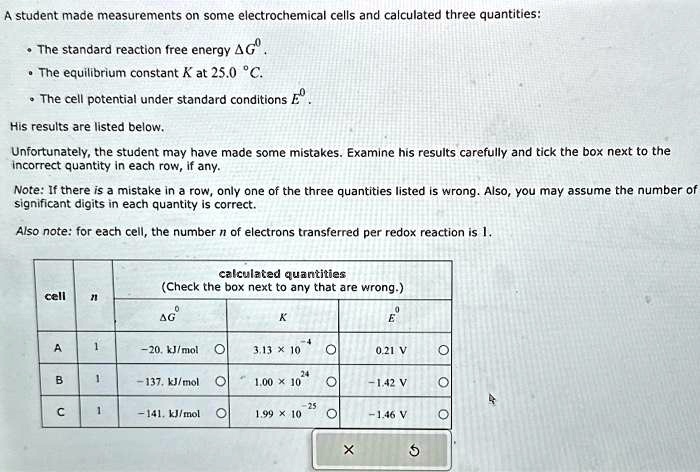 SOLVED: A student made measurements on some electrochemical cells and ...