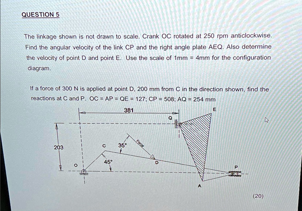 SOLVED: Question 5 The linkage shown is not drawn to scale. Crank OC rotated at 250 rpm ...