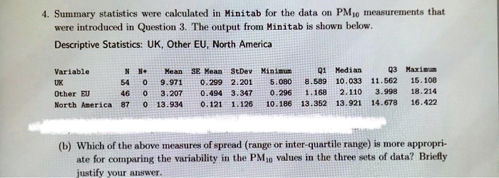 SOLVED: Summary statistics were calculated in Minitab for the data on PMio measurements that ...