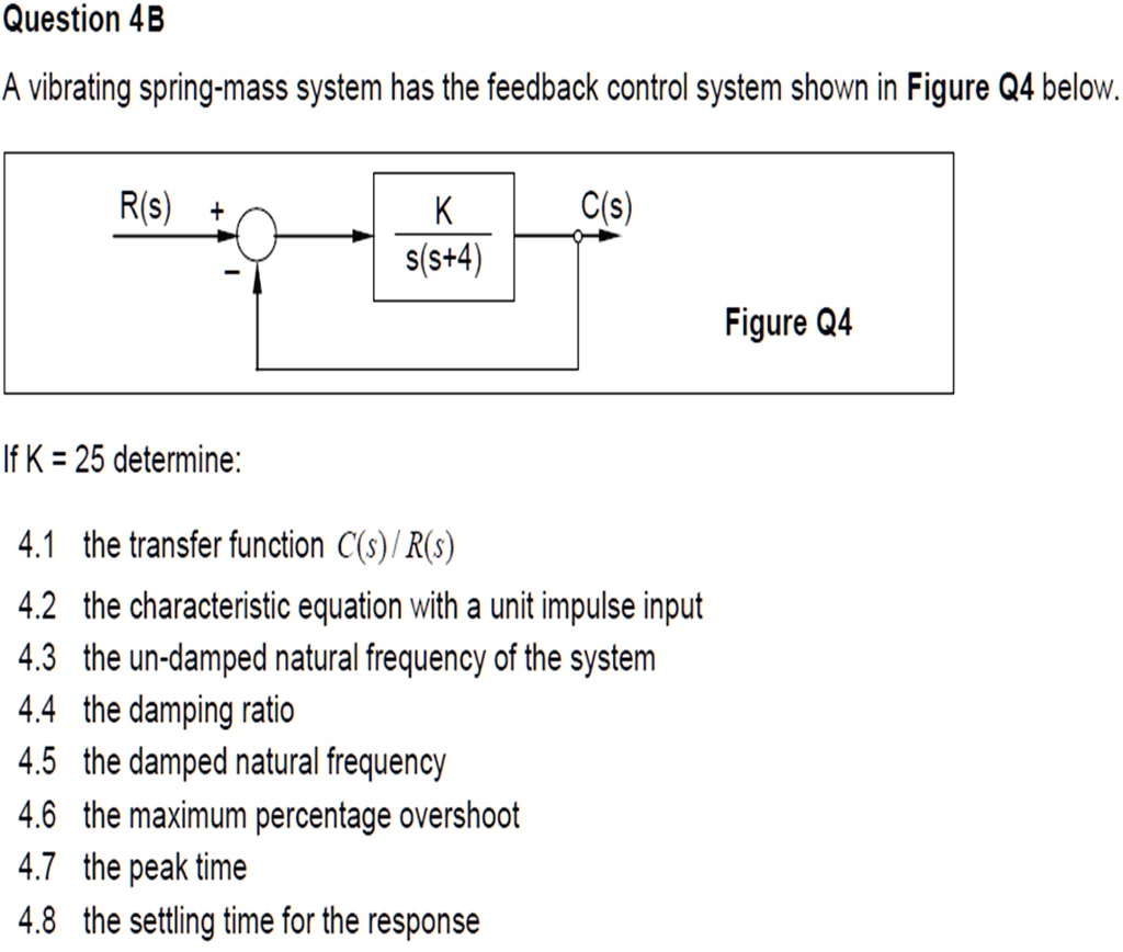 SOLVED: A vibrating spring-mass system has the feedback control system shown in Figure Q4 below ...