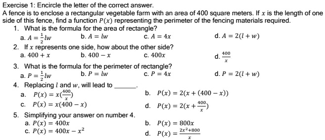 SOLVED: Exercise 1: Encircle the letter of the correct answer: A fence ...