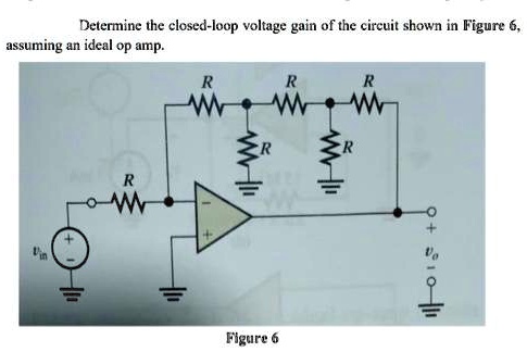 Determine the closed-loop voltage gain of the circuit shown in Figure 6, assuming an ideal op amp.