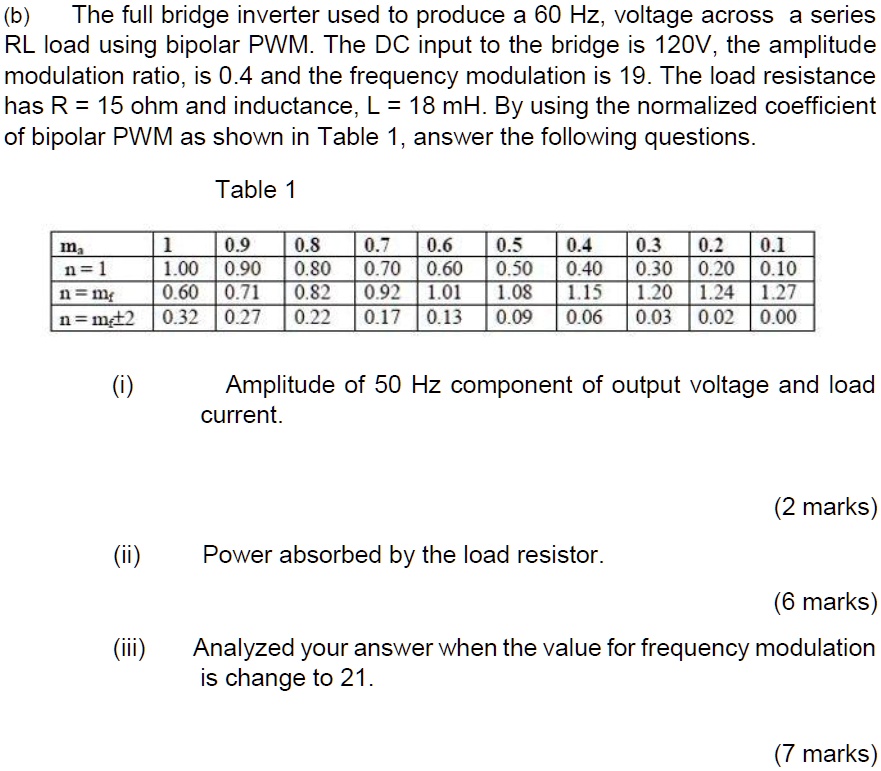 Solved B The Full Bridge Inverter Used To Produce A 60 Hz Voltage Across A Series Rl Load 