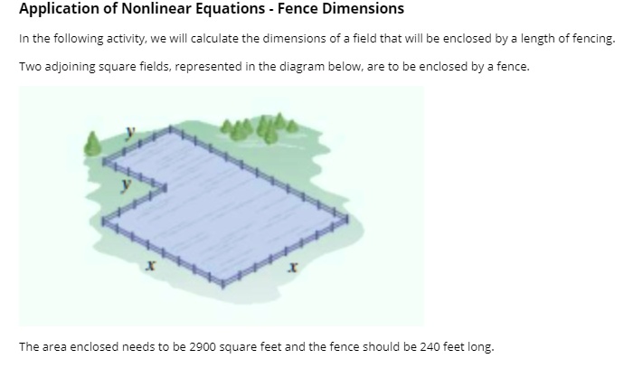 SOLVED: Application of Nonlinear Equations Fence Dimensions In the ...