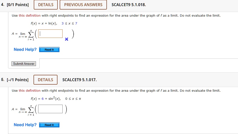 01 points details previous answers scalcet9 510183 use this definition with right endpoints to ...