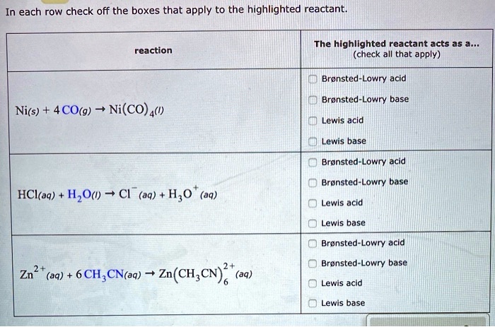 SOLVED: In each row, check off the boxes that apply to the highlighted reactant. The highlighted ...
