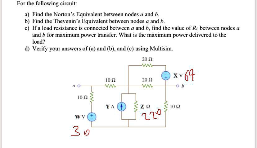 For the following circuit: a) Find the Norton's Equivalent between nodes a and b. b) Find the ...