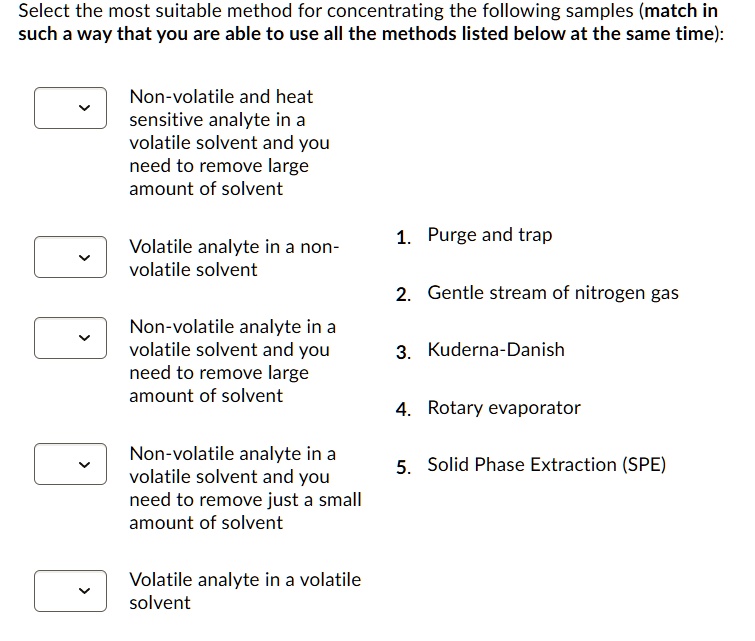 Q) Select the most suitable method for concentrating the following samples (match in such a way ...