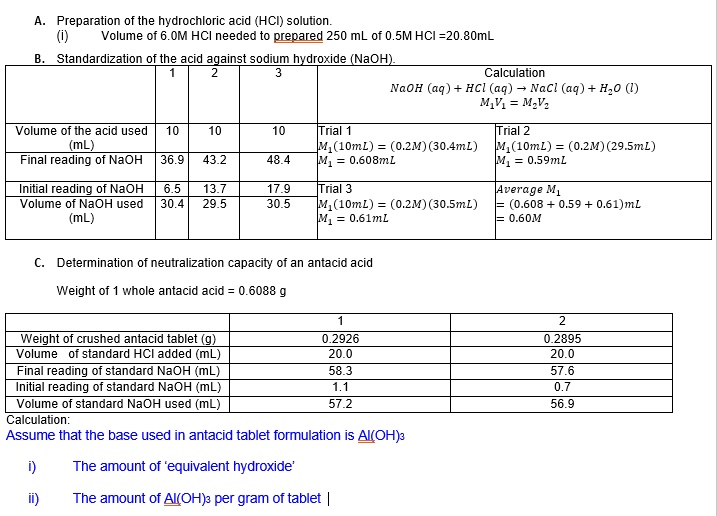 SOLVED: Preparation of the hydrochloric acid (HCl) solution. Volume of 6.0M HCl needed to ...
