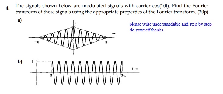 [GET ANSWER] 4. The signals shown below are modulated signals with carrier cos(10t). Find the ...