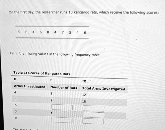 SOLVED: On the first day, the researcher runs 10 kangaroo rats, which receive the following ...