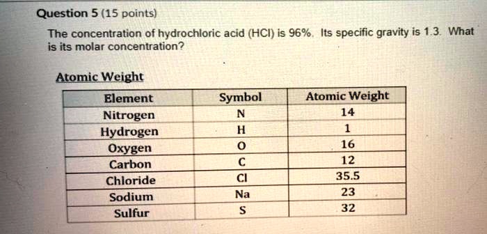 SOLVED: Question 5 (15 points) The concentration of hydrochloric acid ...