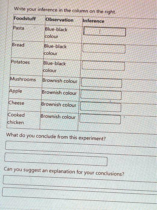 write your inference in the column on the right foodstuff observation ...