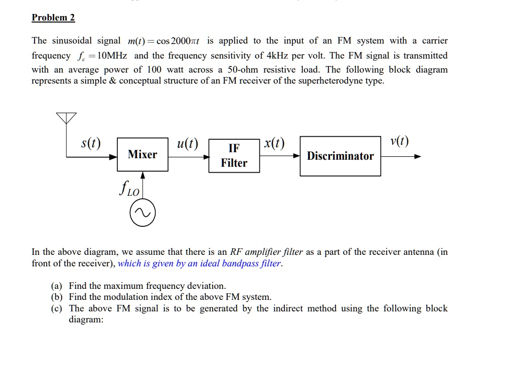 SOLVED: Problem 2 The sinusoidal signal m(t) = cos(2000Ï€t) is applied to the input of an FM ...