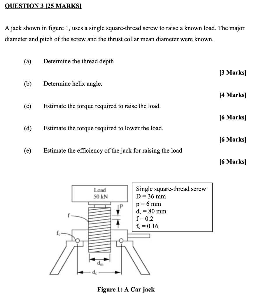 QUESTION 3 [25 MARKS] A jack shown in figure 1, uses a single square ...