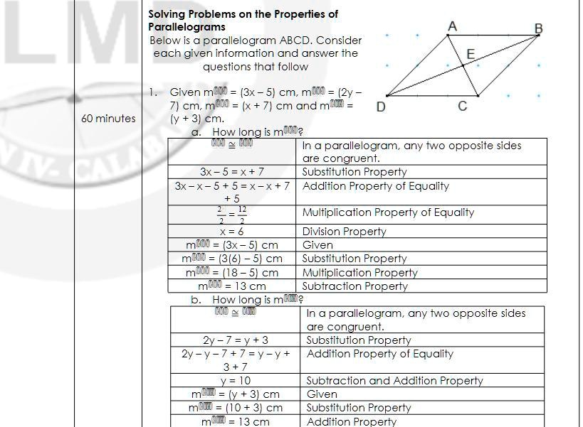 solving problems on the properties of parallelograms grade 9 leap 3rd quarter solving problems ...