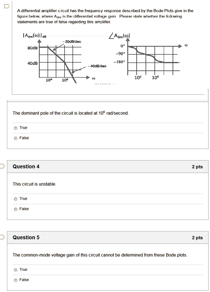 SOLVED: A differential amplifier circuit has the frequency response described by the Bode Plots ...