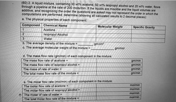 SOLVED: 602. A liquid mixture containing 30 wt% acetone, 50 wt ...