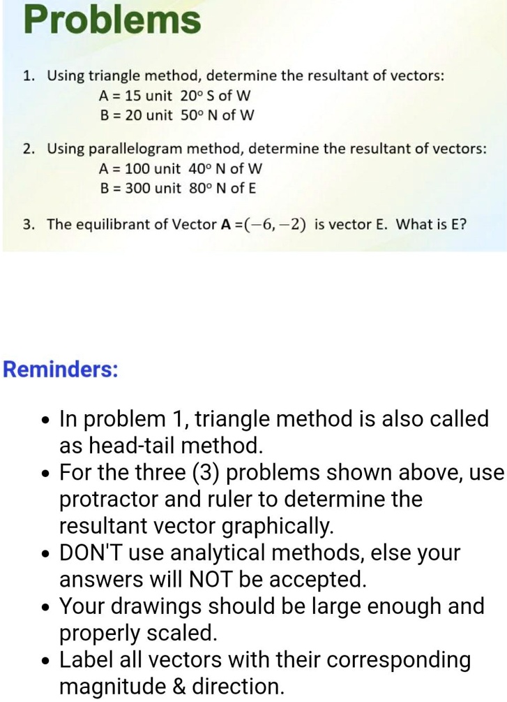 Solved Using The Triangle Method Determine The Resultant Of Vectors A 15 Units 200Â° S Of W