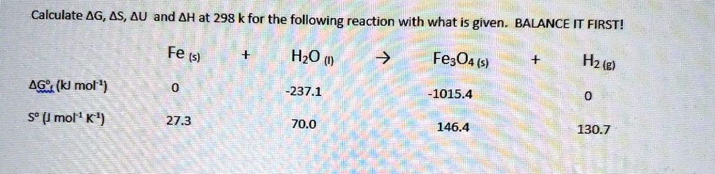 SOLVED: Calculate 4G,4S,4U and AH at 298 k for the following reaction ...