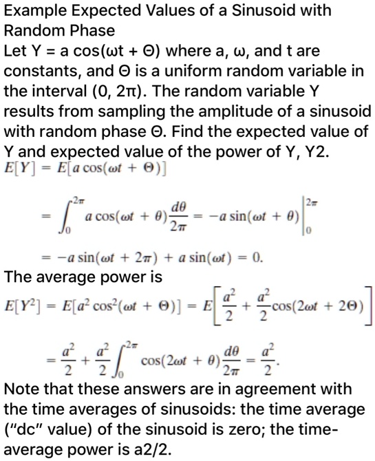 SOLVED: Example Expected Values of a Sinusoid with Random Phase Let Y ...
