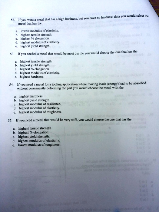SOLVED: Metal that has the a. lowest modulus of elasticity b. highest ...