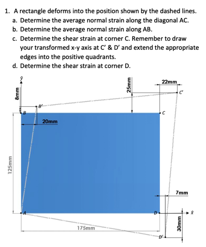 A rectangle deforms into the position shown by the dashed lines. a ...