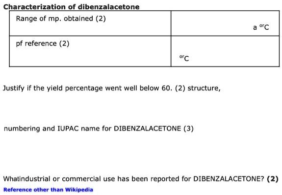 SOLVED:Characterization of dibenzalacetone Range of mp. obtained (2 ...