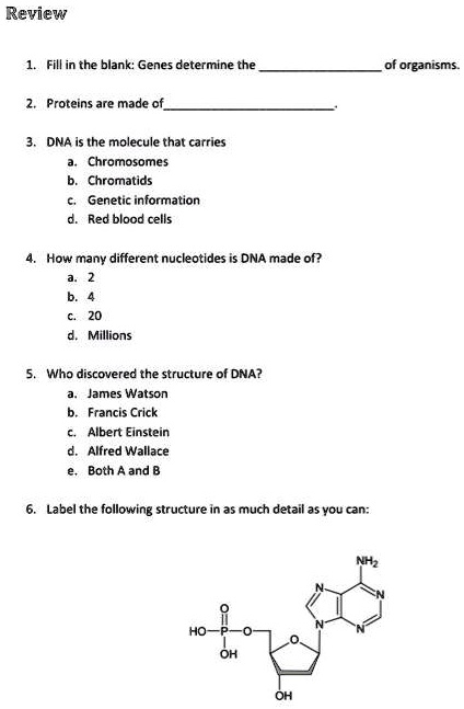 SOLVED: Review Fill in the blank: Genes determine the of organisms ...