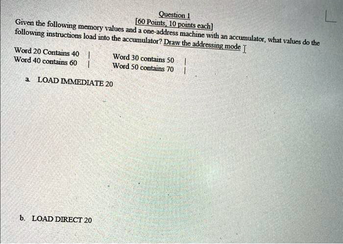 SOLVED: [60 Points - 10 points each] Given the following memory values and a one-address machine ...