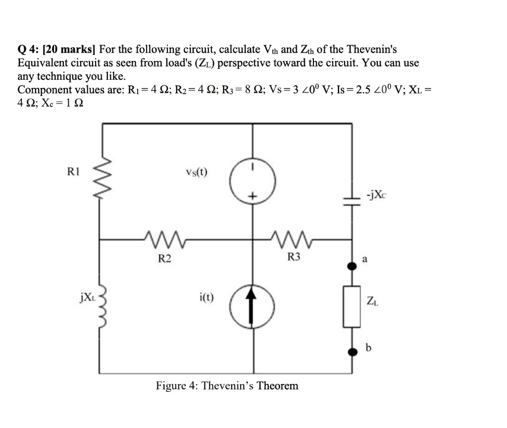 Q4: [20 marks] For the following circuit, calculate Vth and Zth of the Thevenin's Equivalent ...