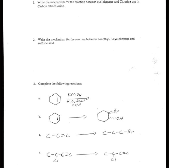 SOLVED: Write the mechanism for the reaction between cyclohexene and chlorine gas in carbon ...