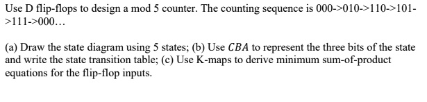 Use D flip-flops to design a mod 5 counter. The counting sequence is 000->010->110->101->111 ...